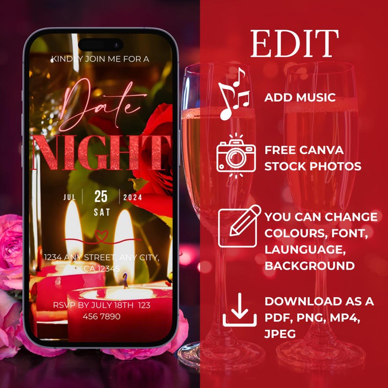 Date Night Digital Invitation Template Rose Cocktail Hour, Editable ...