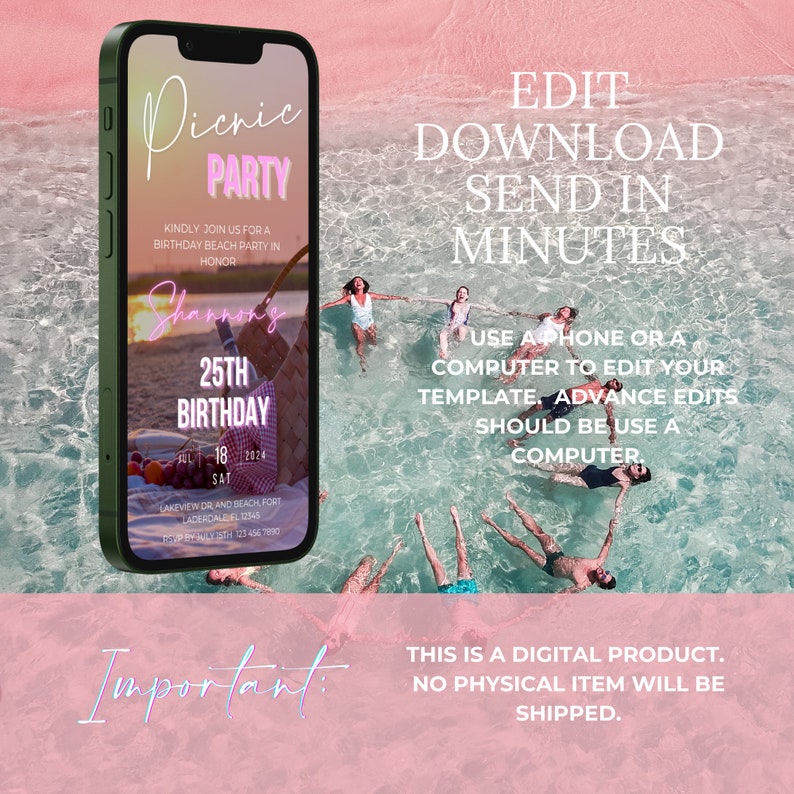 Animated Birthday Beach Invitation Template, Digital Beach Picnic ...