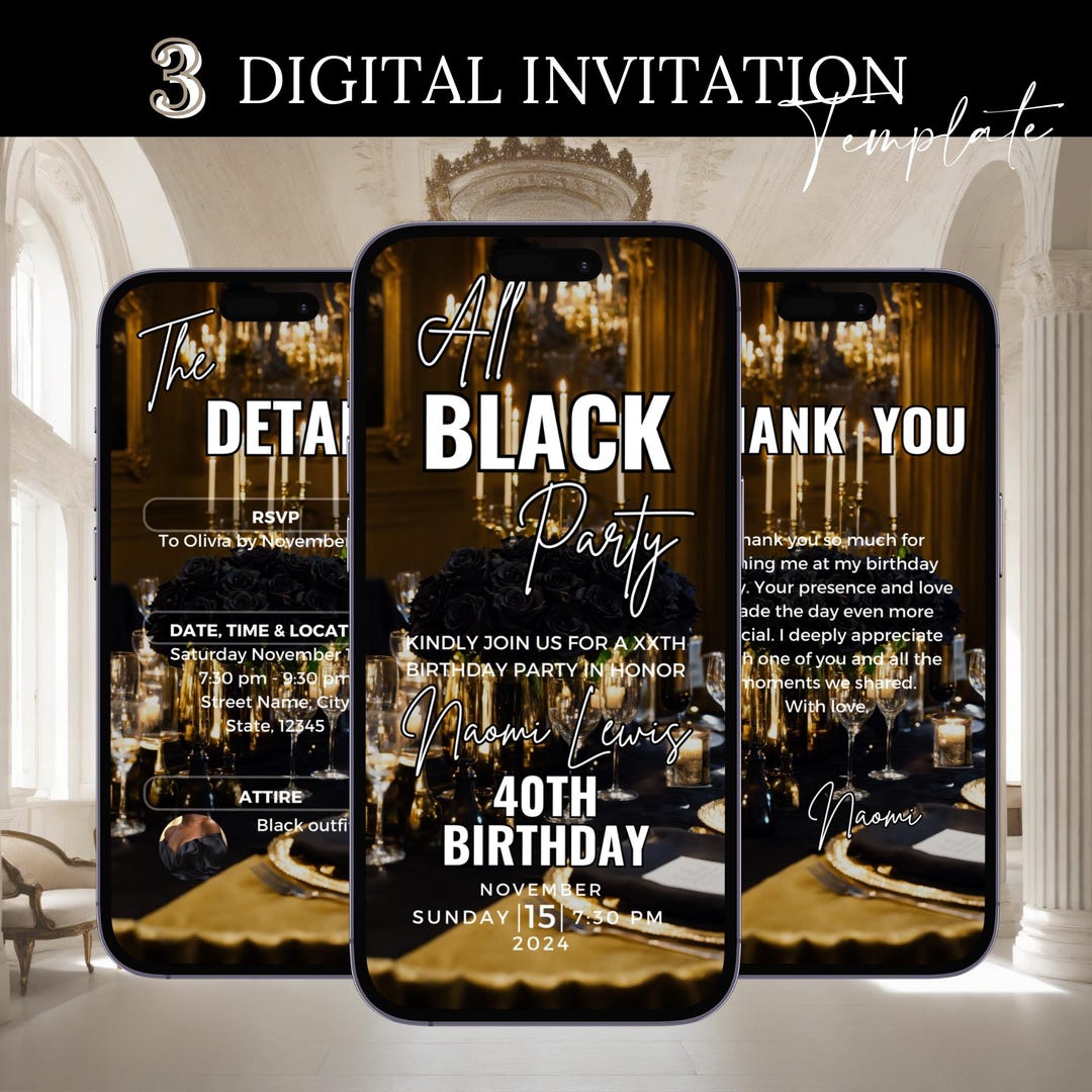 All Black Affair Invitation Template, Editable All Black Party ...