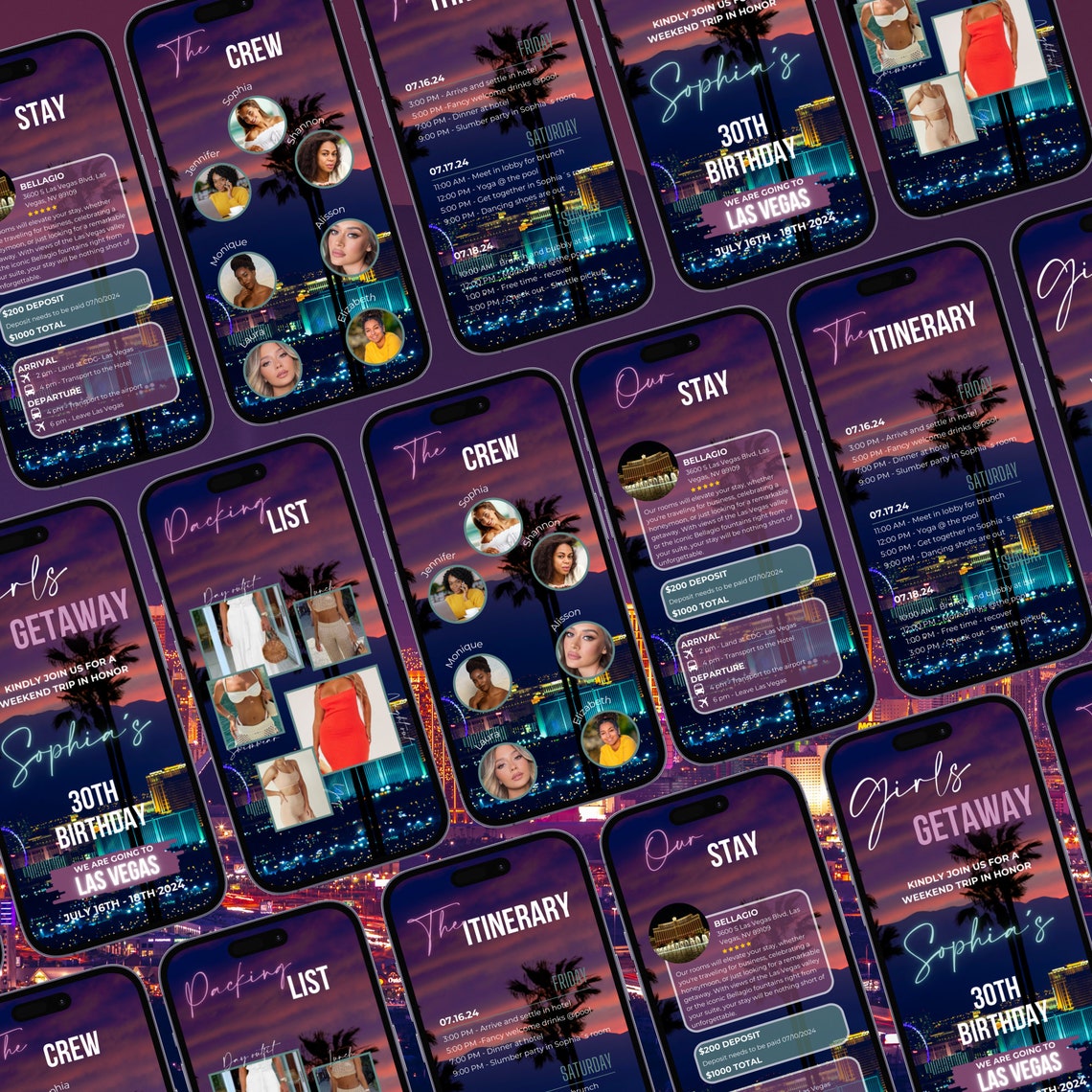 Digital Birthday Weekend Invitation, Animated Travel Itinerary, Neon ...