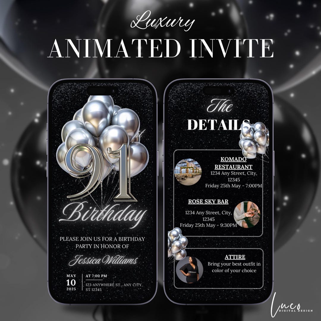 Digital 91st Birthday Party Video Invitation, 91st Glam Invite for Her ...
