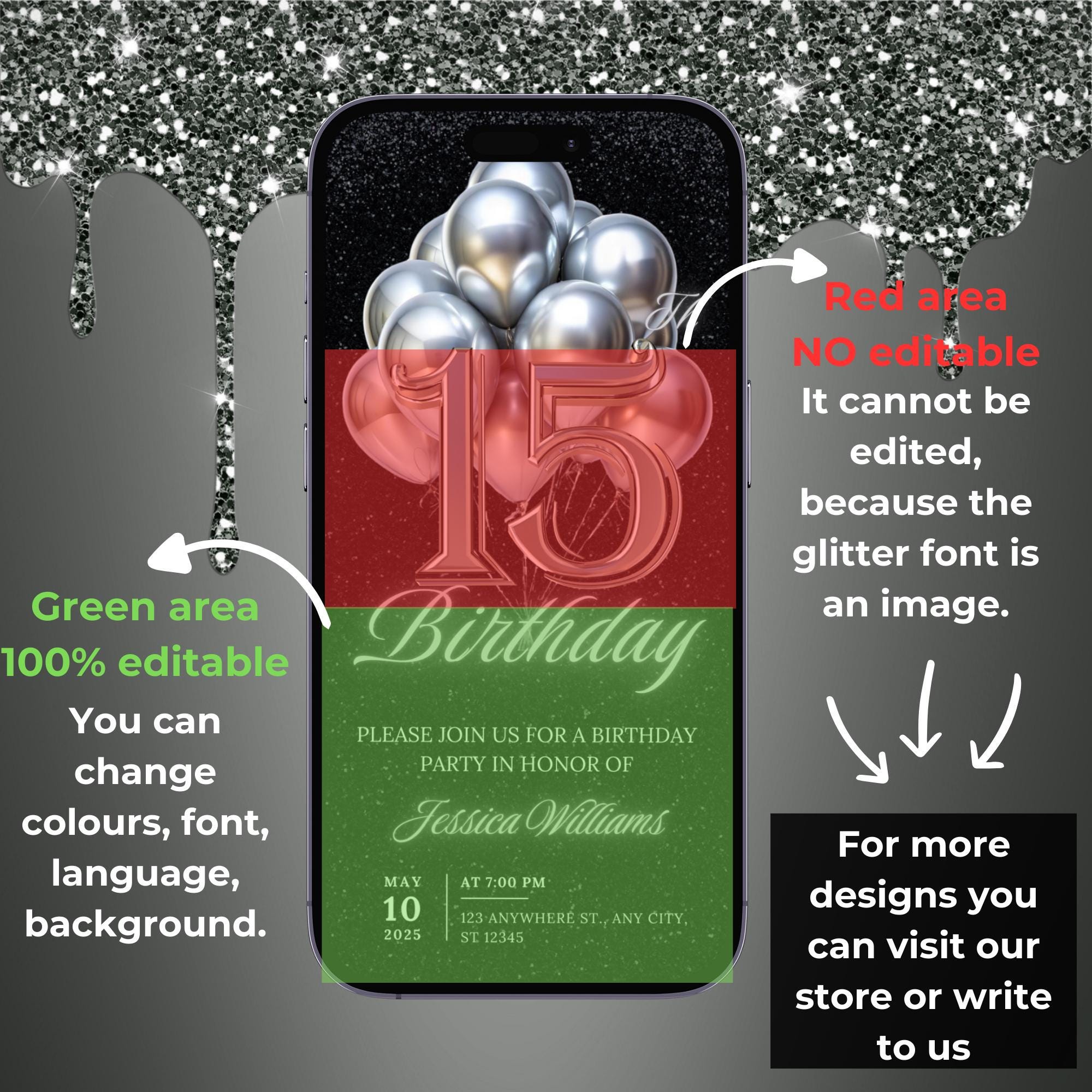 15th Birthday Digital Invitation, Electronic Birthday Party Invite ...