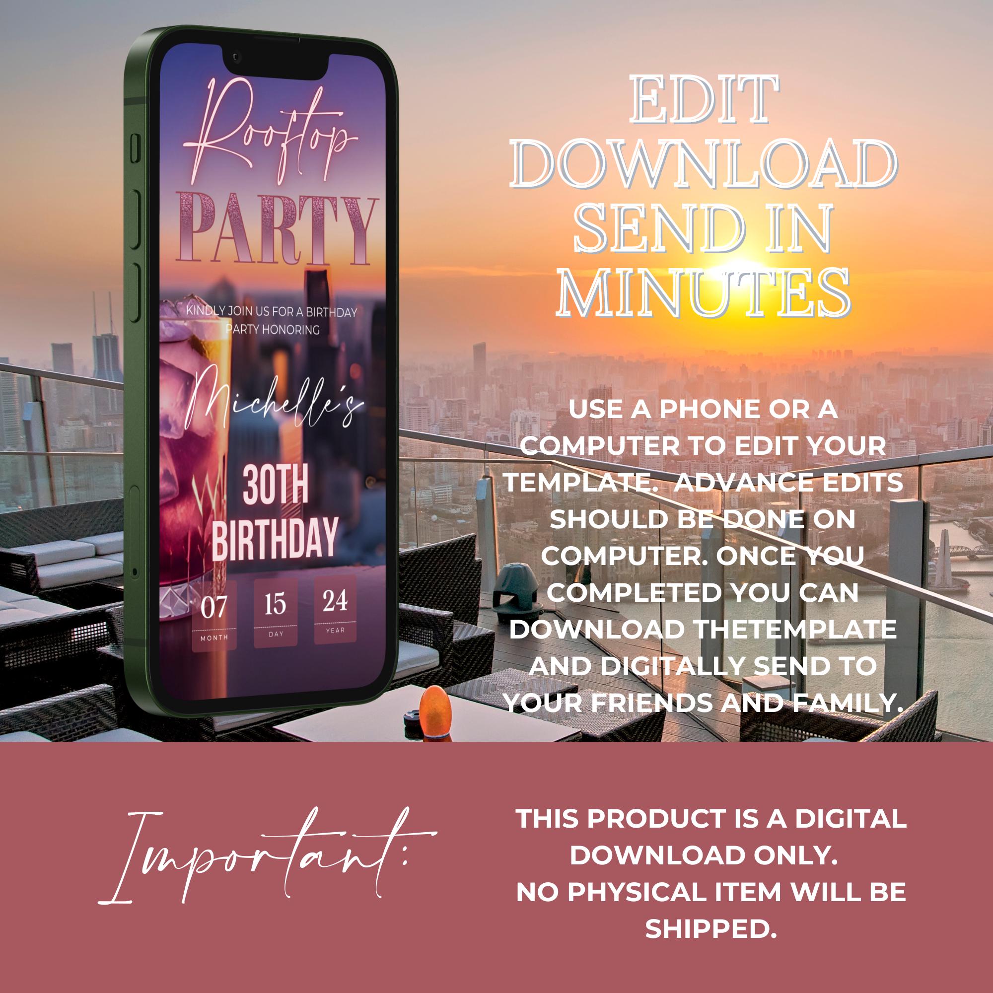 Digital Rooftop Birthday Party Invitation, Birthday Dinner, Brunch ...