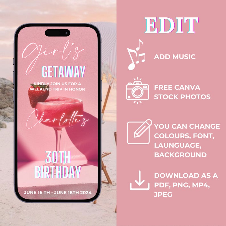 Pink Birthday Weekend Itinerary Template, Weekend Trip Itinerary, Girls ...