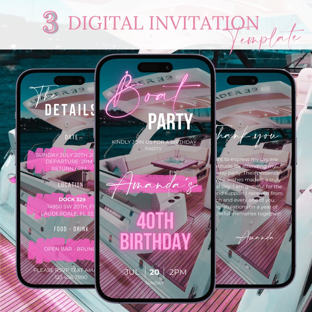 Digital Boat Party Invitation, Animated Yacht Party Invite, Pink Cruise ...
