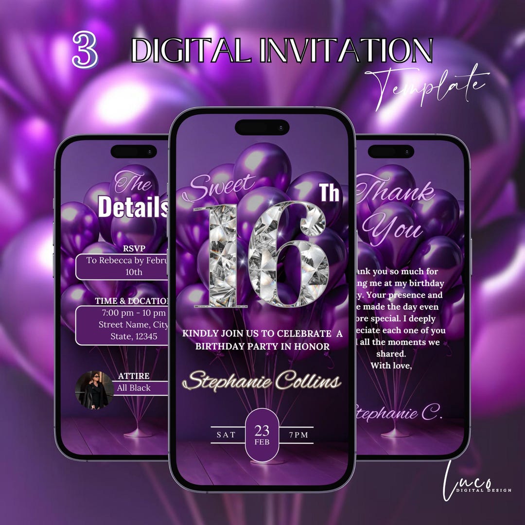 Sweet 16th Birthday Digital Invitation, Electronic 16th Birthday Party ...