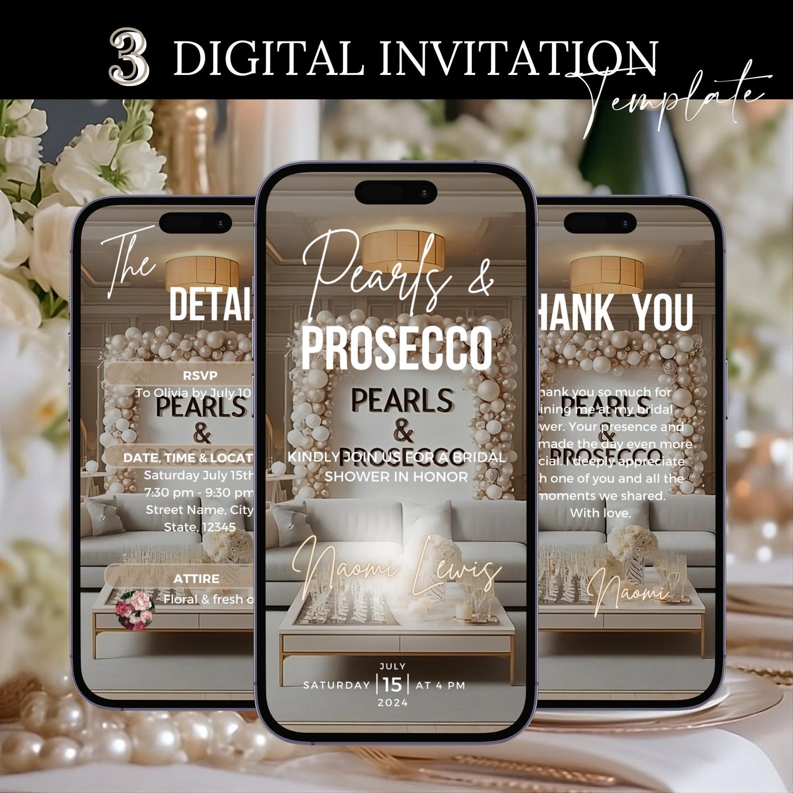 Digital Pearls and Prosecco Bridal Shower Invitation, Floral Bridal ...