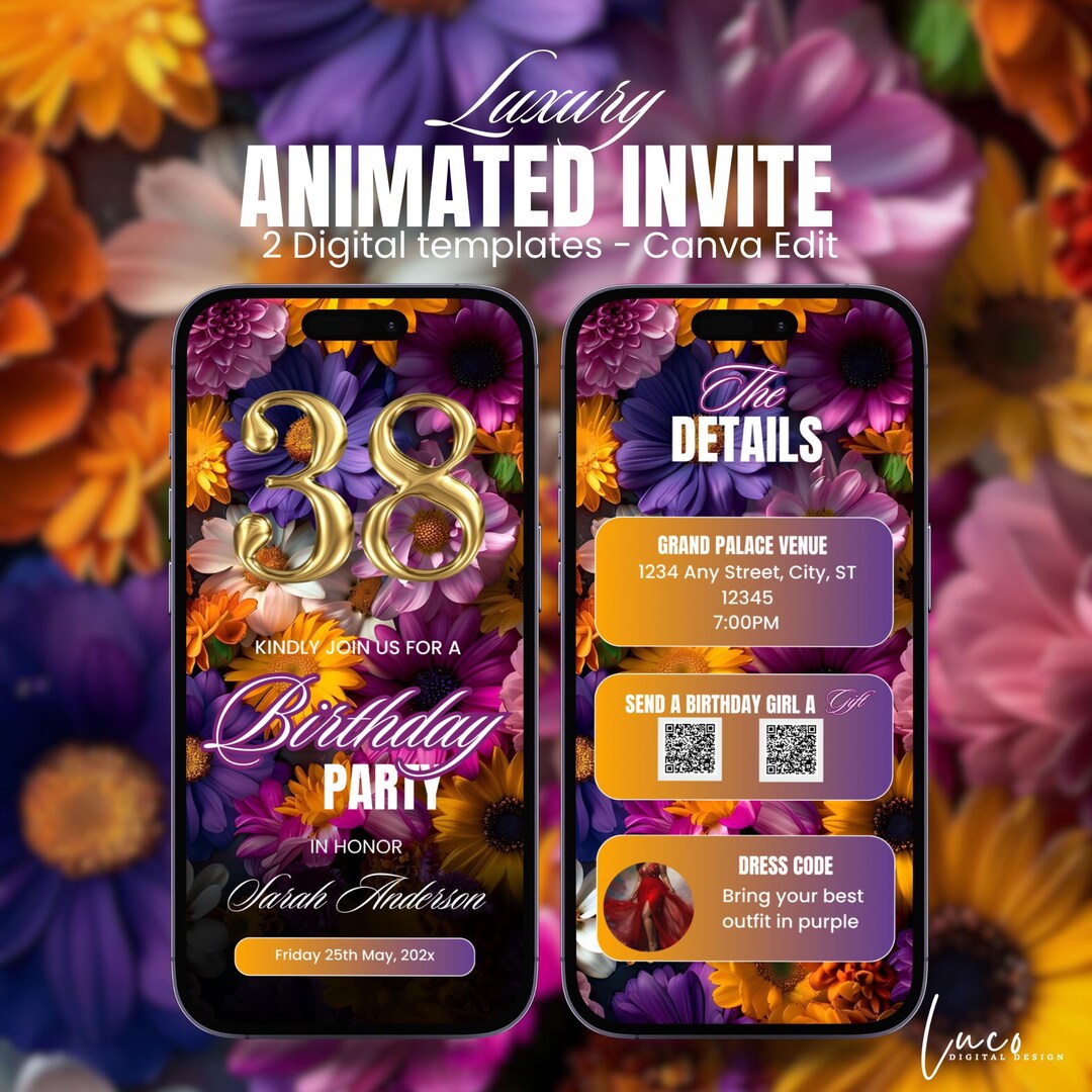 Digital Floral 38th Birthday Invitation Purple Yellow Flowers Editable ...