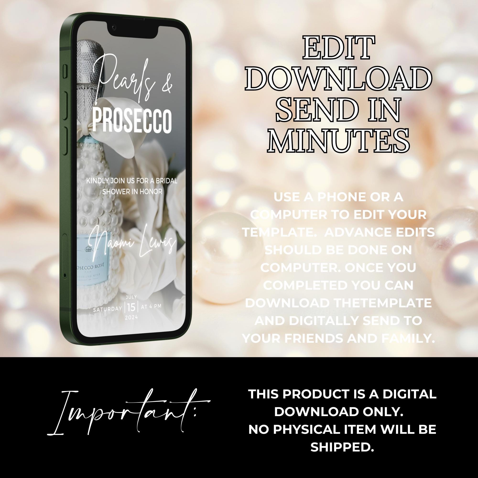 Digital Pearls and Prosecco Bridal Shower Invitation, Floral Bridal ...