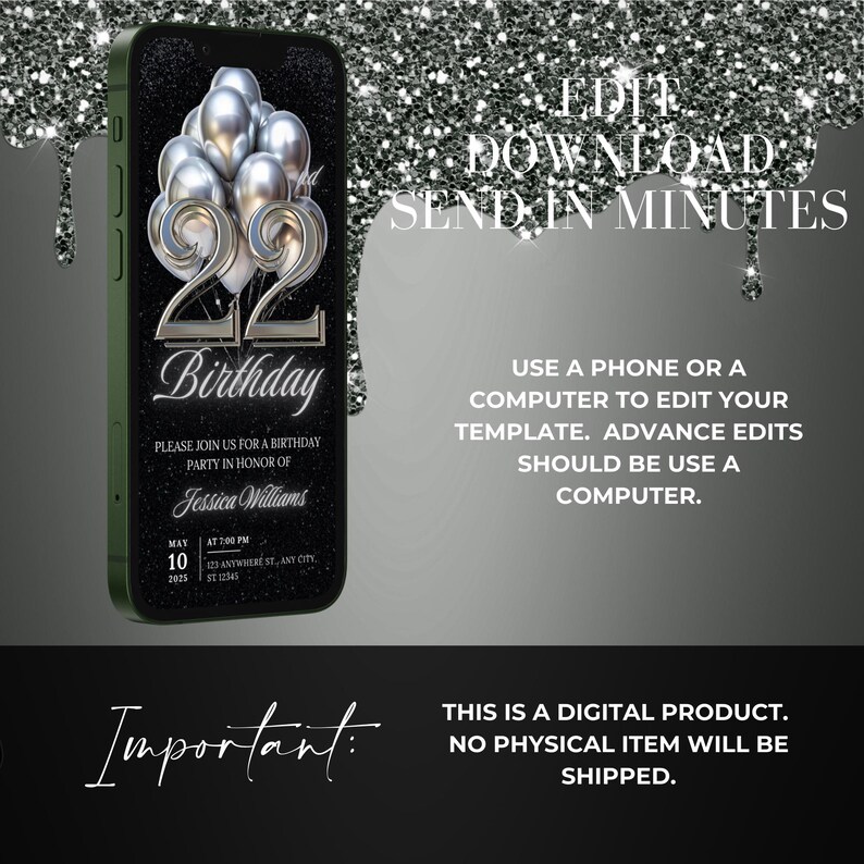 Digital 22nd Birthday Party Invitation, Glam Black Silver 22nd Dinner ...