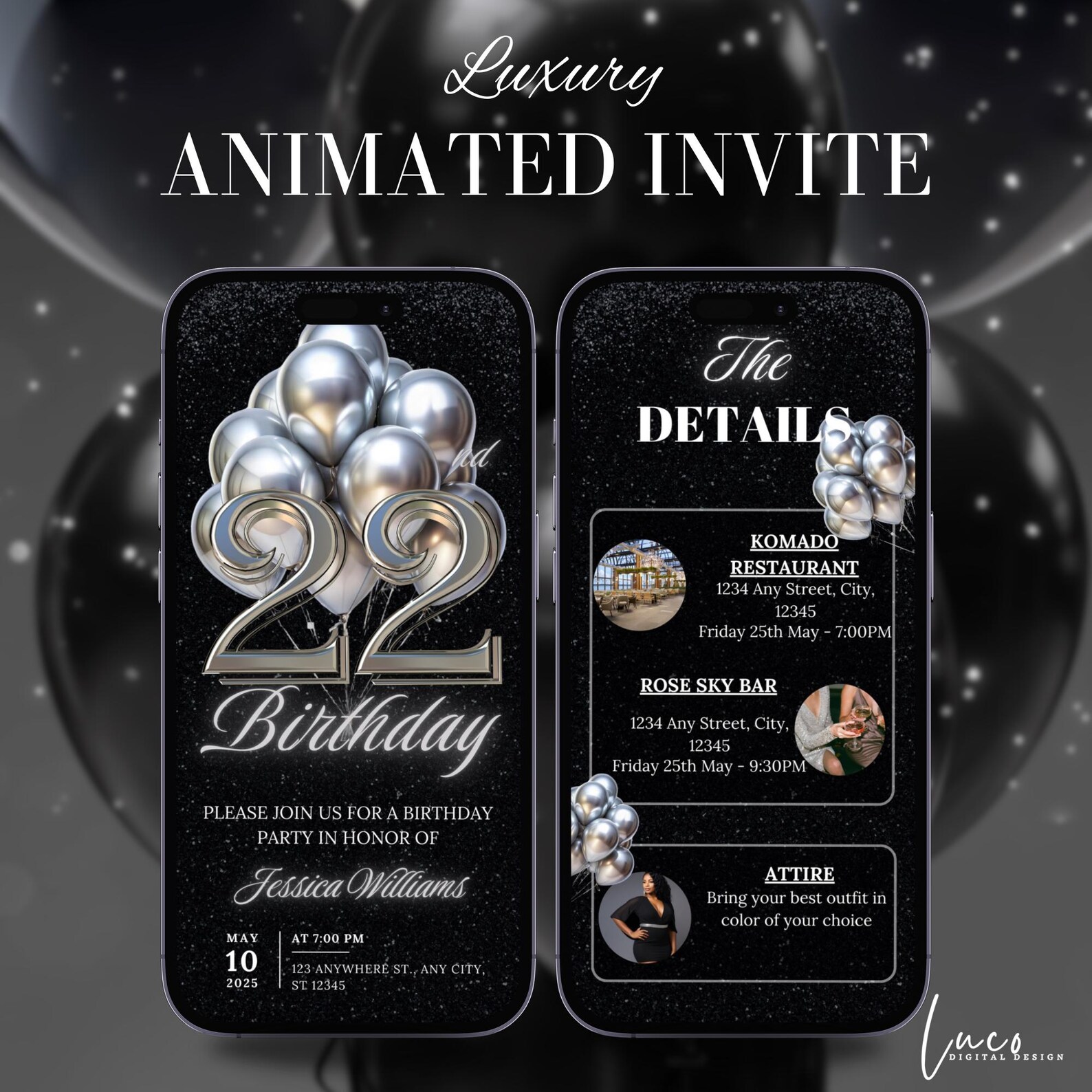 Digital 22nd Birthday Party Invitation, Glam Black Silver 22nd Dinner ...