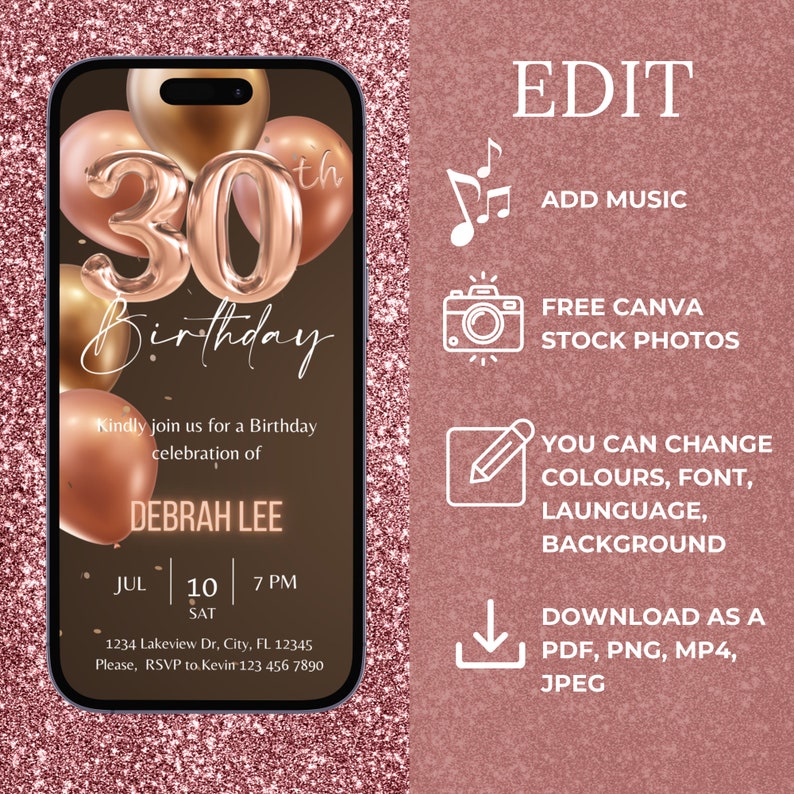 30th Birthday Digital Invitation, Electronic 30th Birthday Party Invite ...
