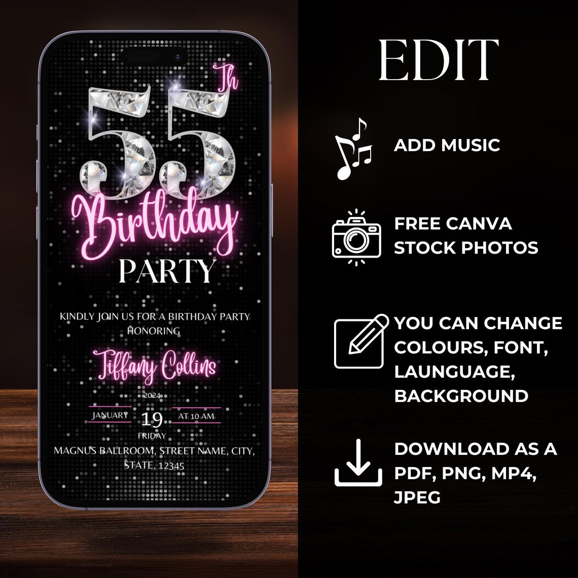 55th Birthday Digital Invitation, Electronic 55th Birthday Party Invite ...
