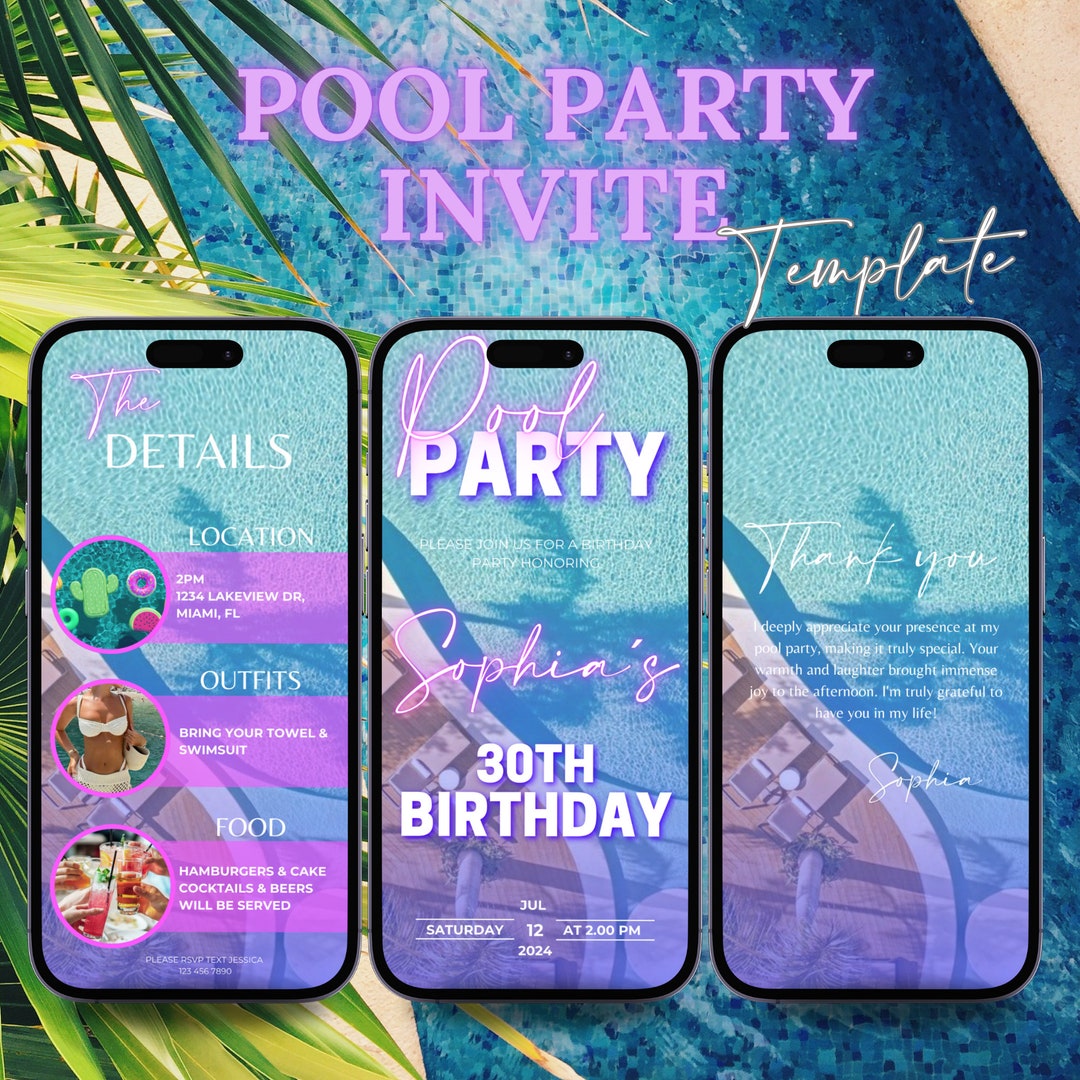 Pool Party Ecard,pool Party Text Invitation,pool Party Birthday Digital ...