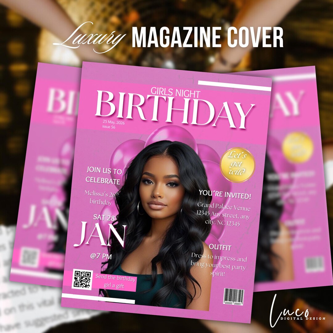 Pink Birthday Invitation Template, Magazine Cover Invite, Girls ...