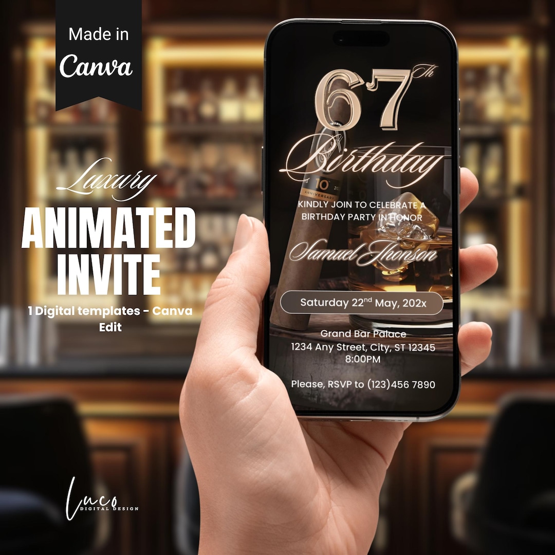 Animated 67th Birthday Dinner Invitation DIY Template Design Men's ...