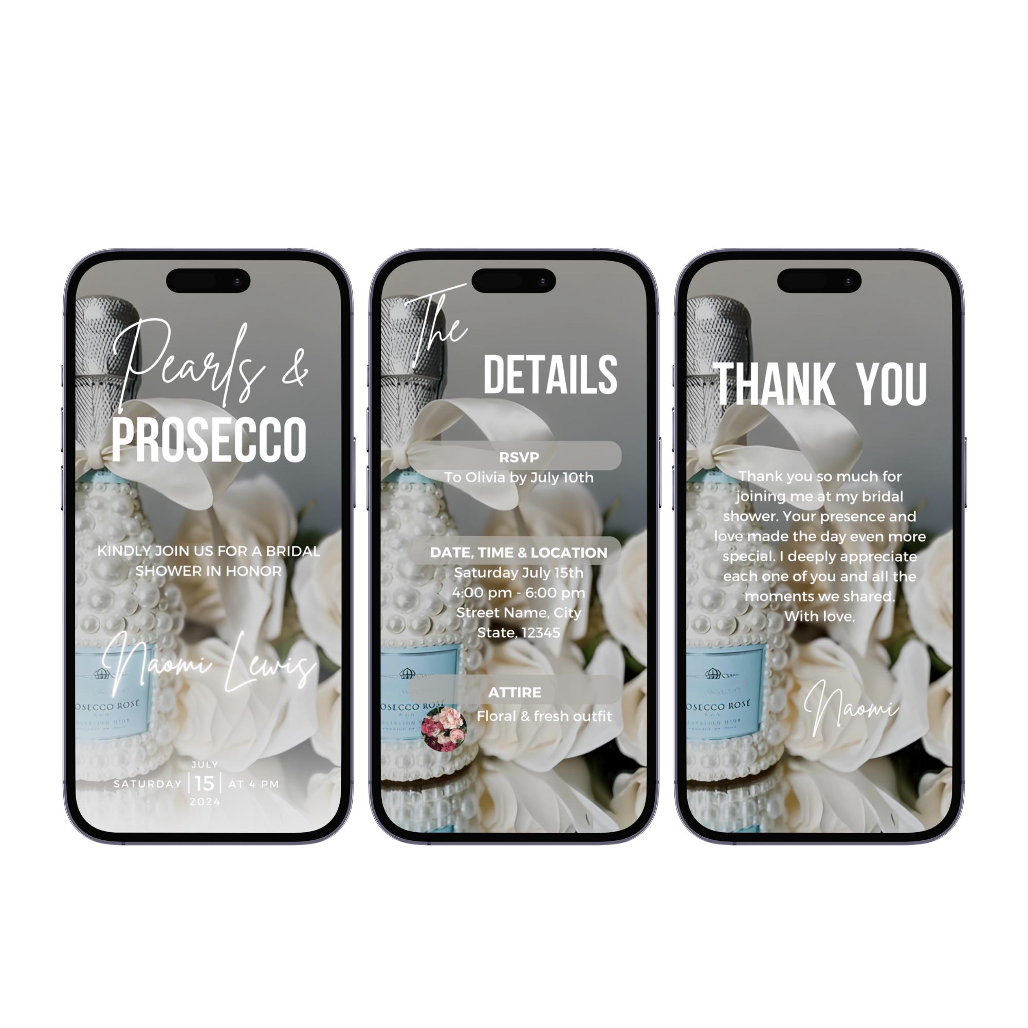 Digital Pearls and Prosecco Bridal Shower Invitation, Floral Bridal ...