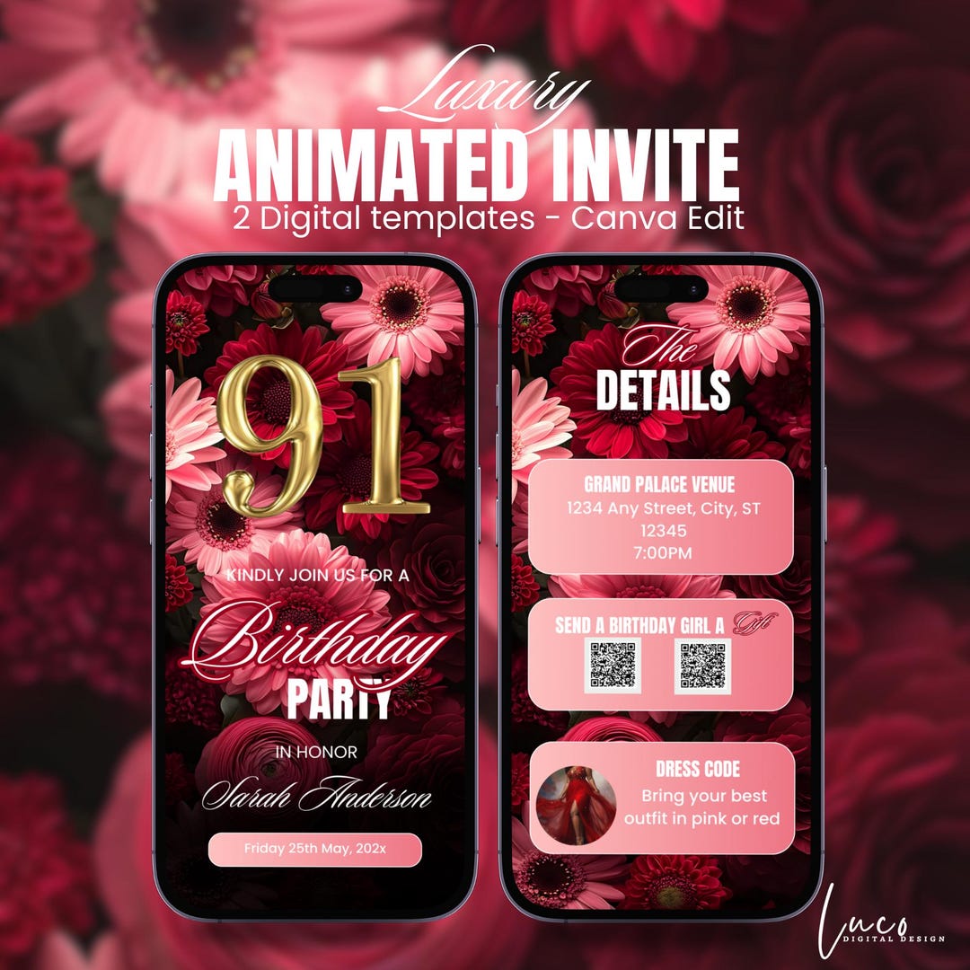 Digital Floral 91st Birthday Invitation Red Roses Diamonds Editable ...