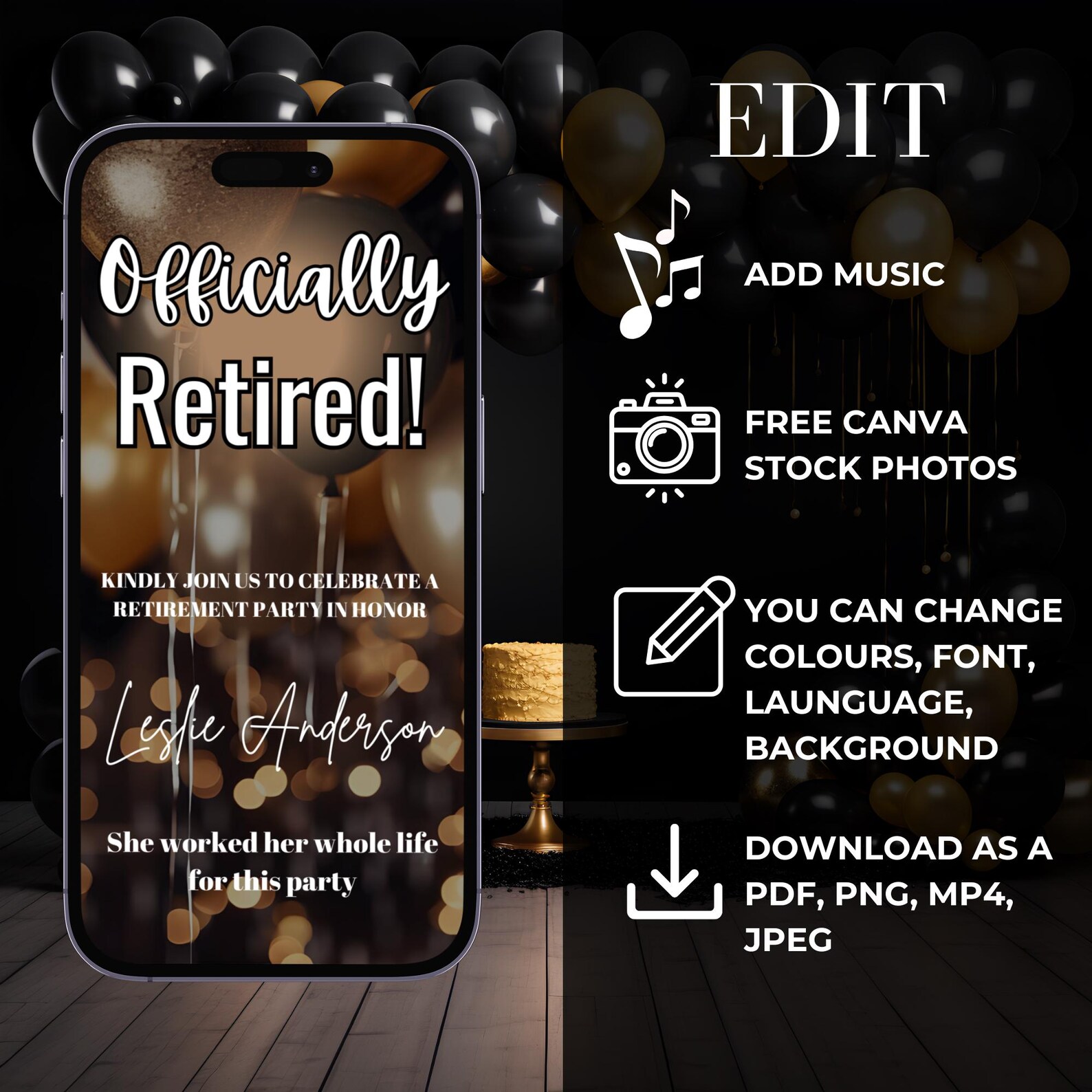 Digital Retirement Party Invitation, Black and Gold Invite, Electronic ...