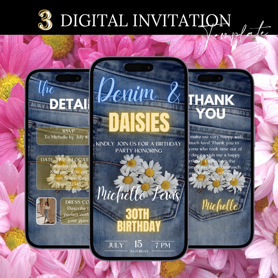 Digital Denim and Daisies Birthday Party Animated Invitation Template ...