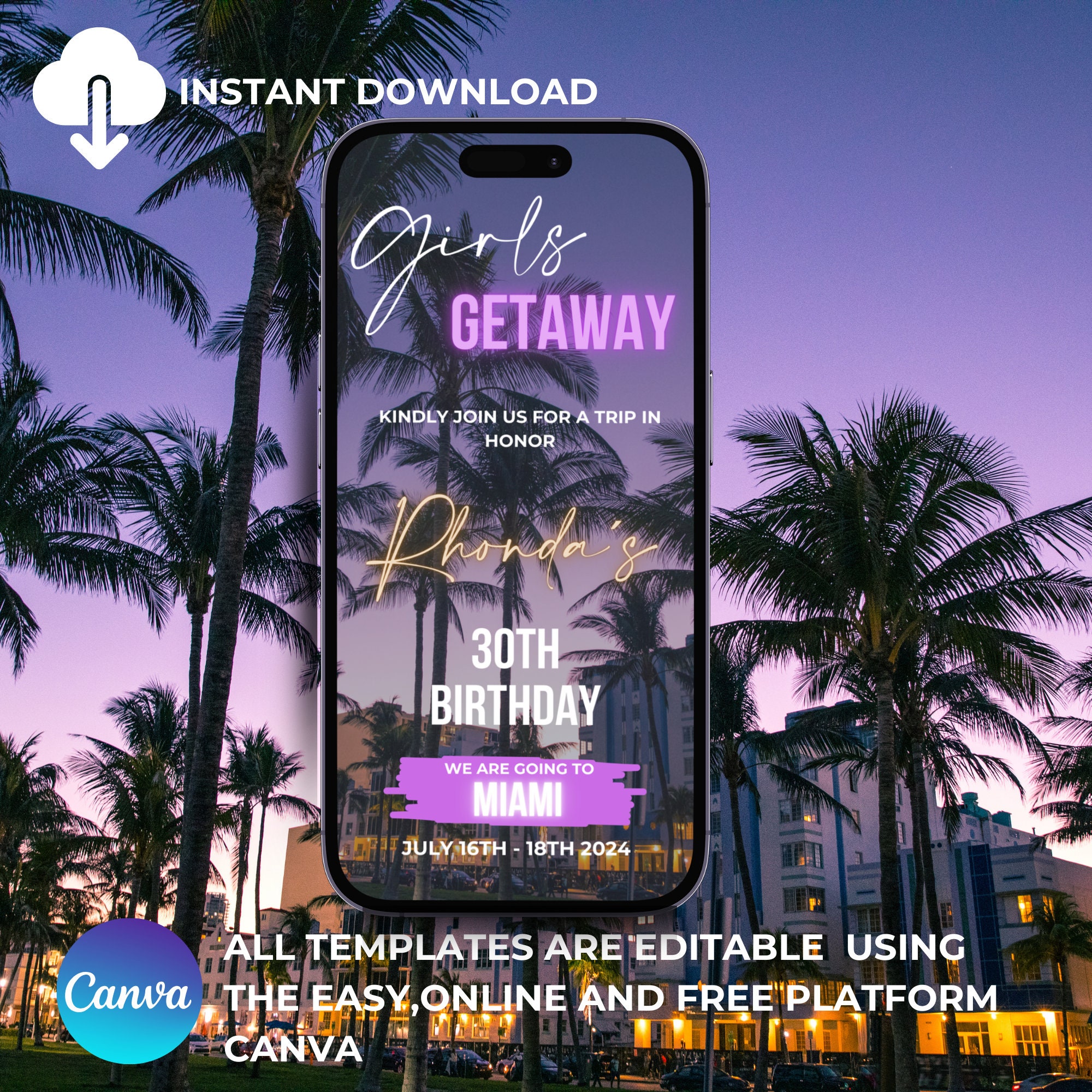 Miami Birthday Trip Weekend Getaway Digital Editable Invite Template ...