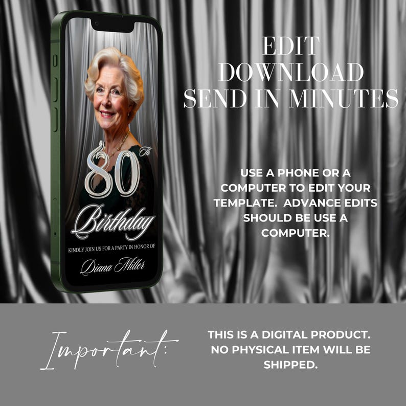 Digital 80th Birthday Dinner Invitation, Elegant Birthday Party Invite ...