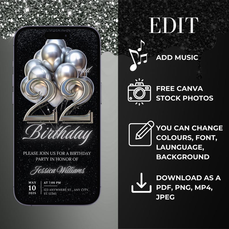 Digital 22nd Birthday Party Invitation, Glam Black Silver 22nd Dinner ...