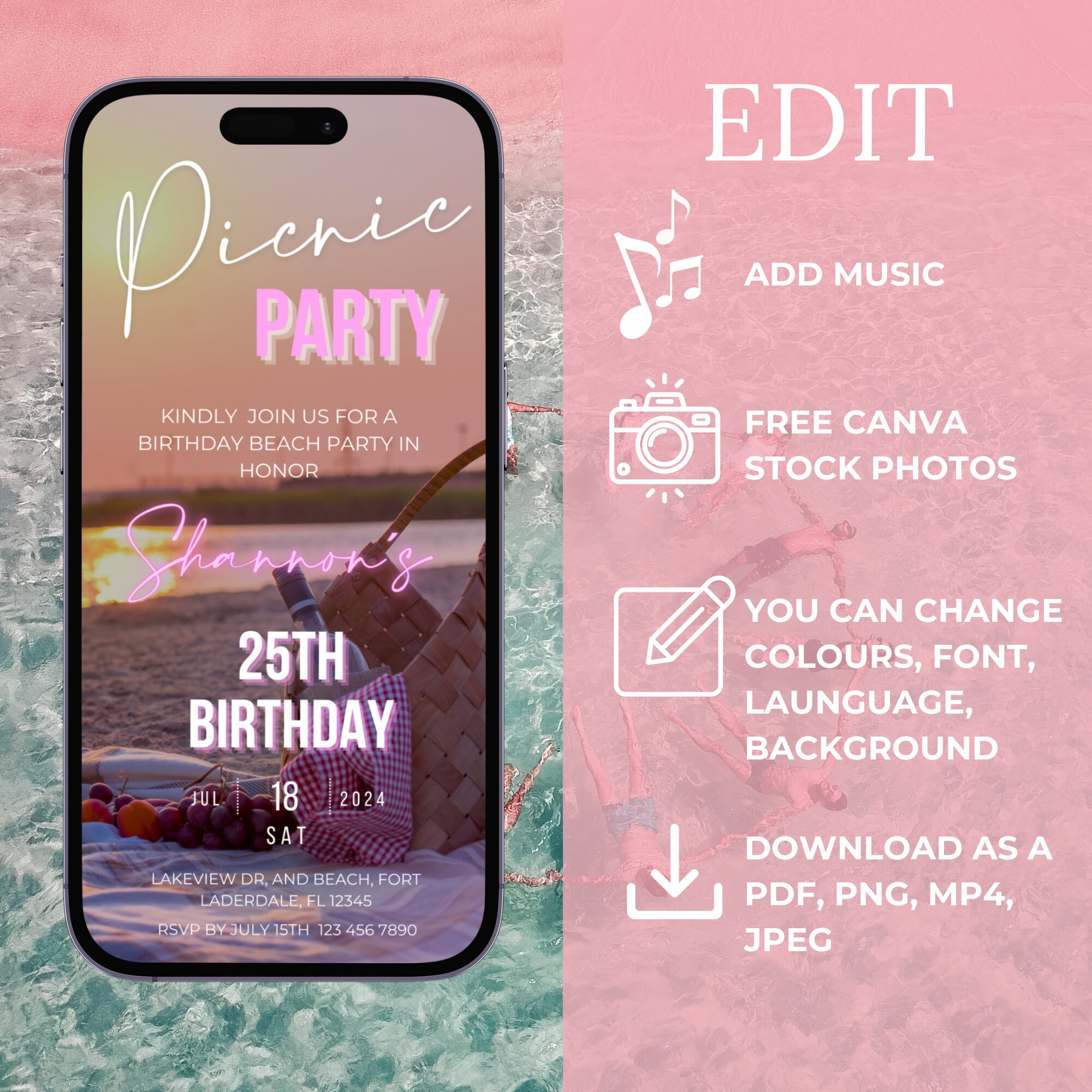 Animated Birthday Beach Invitation Template, Digital Beach Picnic ...