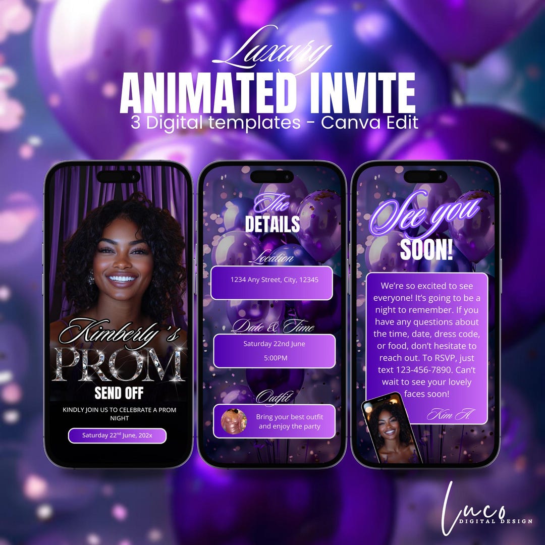 Digital Prom Send off Invitation, Purple Glam Prom Party Invite ...