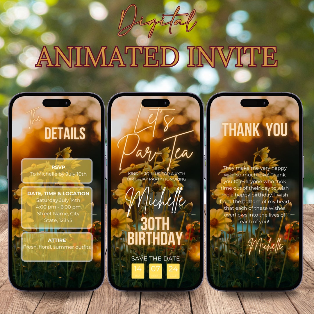 Digital Tea Party Birthday Invitation, Yellow and Gold Par-tea Invite ...