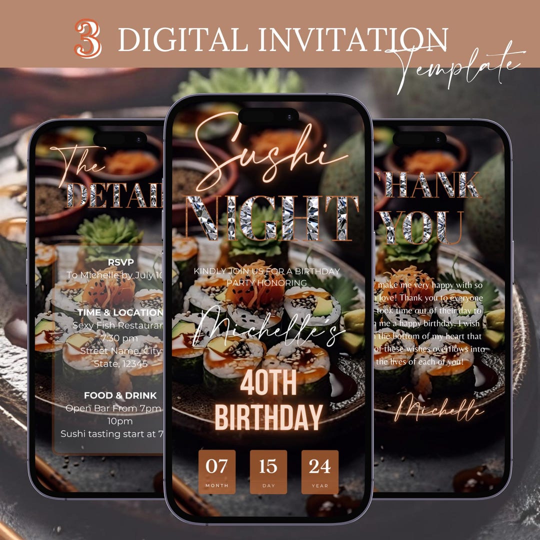 Sushi Birthday Party Invitation, Digital Dinner Night, Japanese Hibachi ...