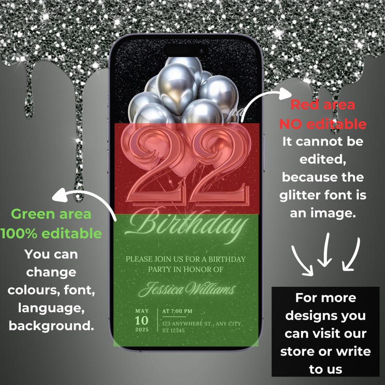 Digital 22nd Birthday Party Invitation, Glam Black Silver 22nd Dinner ...