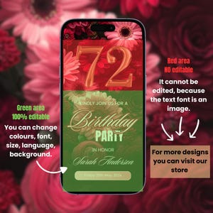 Digital Floral 72nd Birthday Invitation Red Roses Diamonds Editable ...