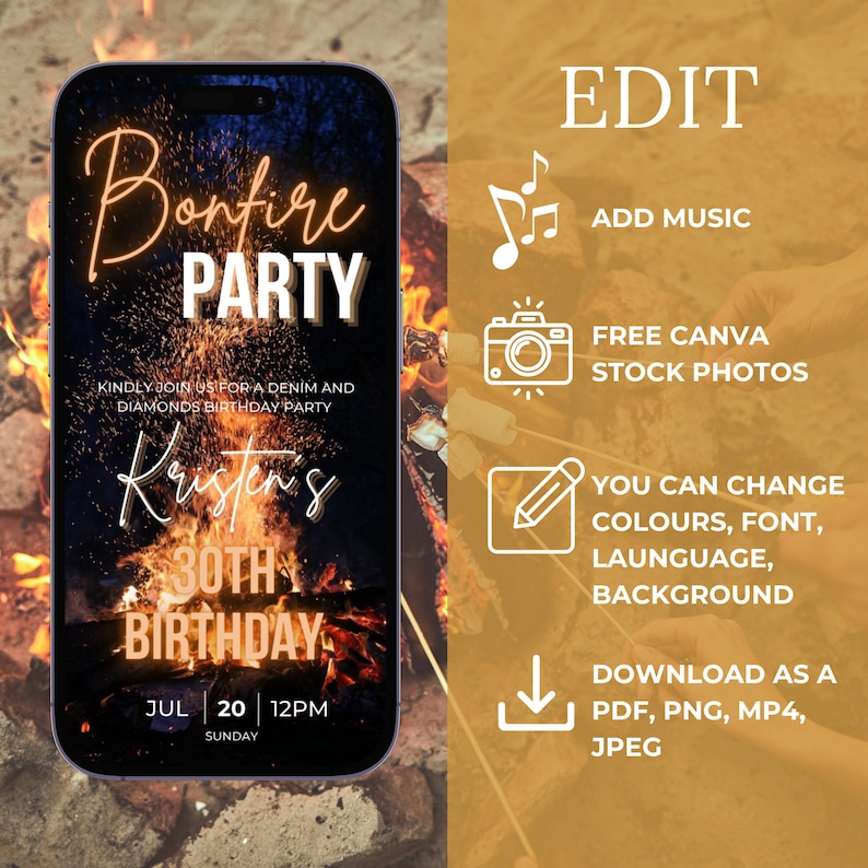 Birthday Bonfire Invitation, Bonfire Party Digital Invite, Bonfire ...