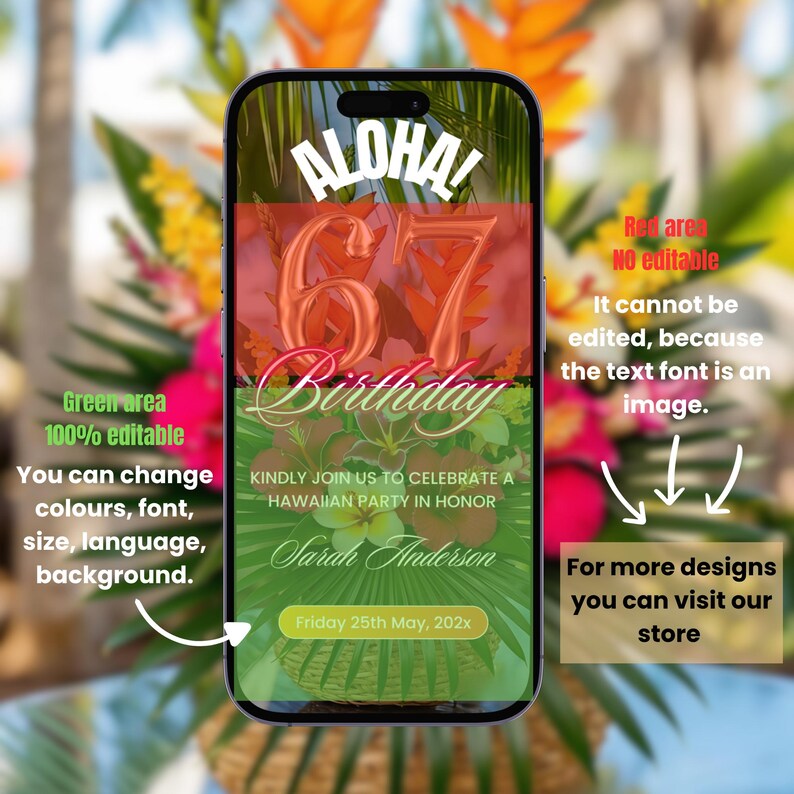 Digital 67th Tropical Party Invitation Itinerary Template, Editable ...