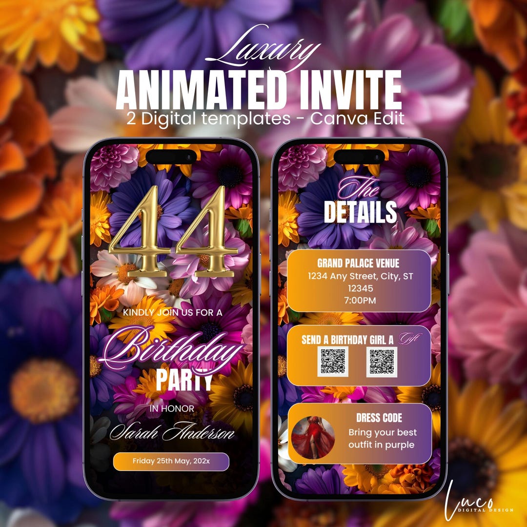 Digital Floral 44th Birthday Invitation Purple Yellow Flowers Editable ...