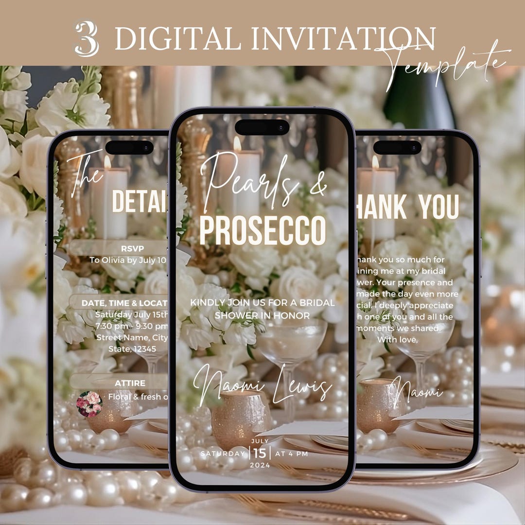 Digital Pearls and Prosecco Bridal Shower Invitation, Floral Bridal ...