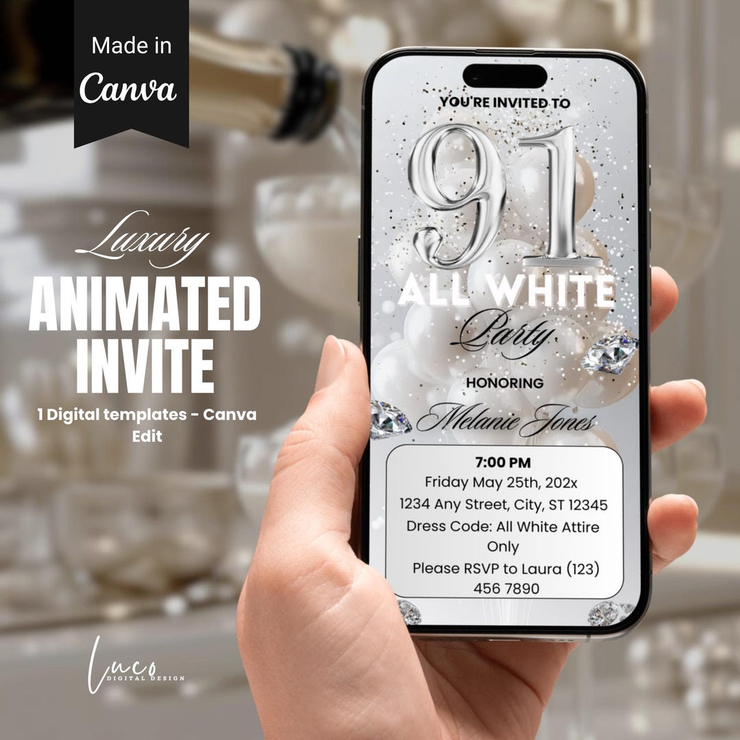 Digital 91st All White Party Invitation, Birthday Dinner Invite, All ...