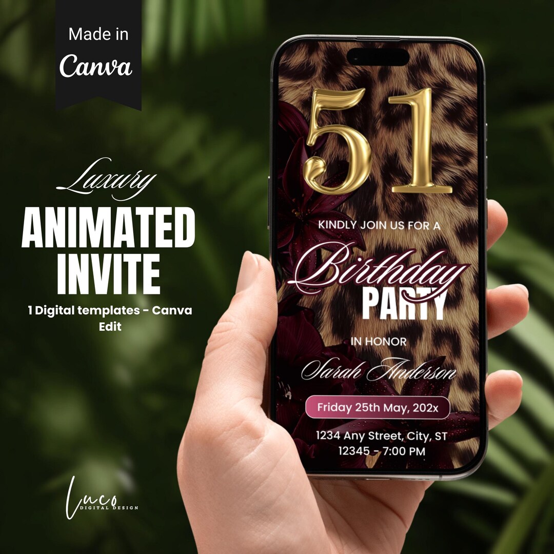 Digital Leopard 51st Birthday Party Invitation, Editable Digital Women ...