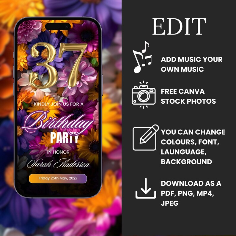 Digital Floral 37th Birthday Invitation Purple Yellow Flowers Editable ...