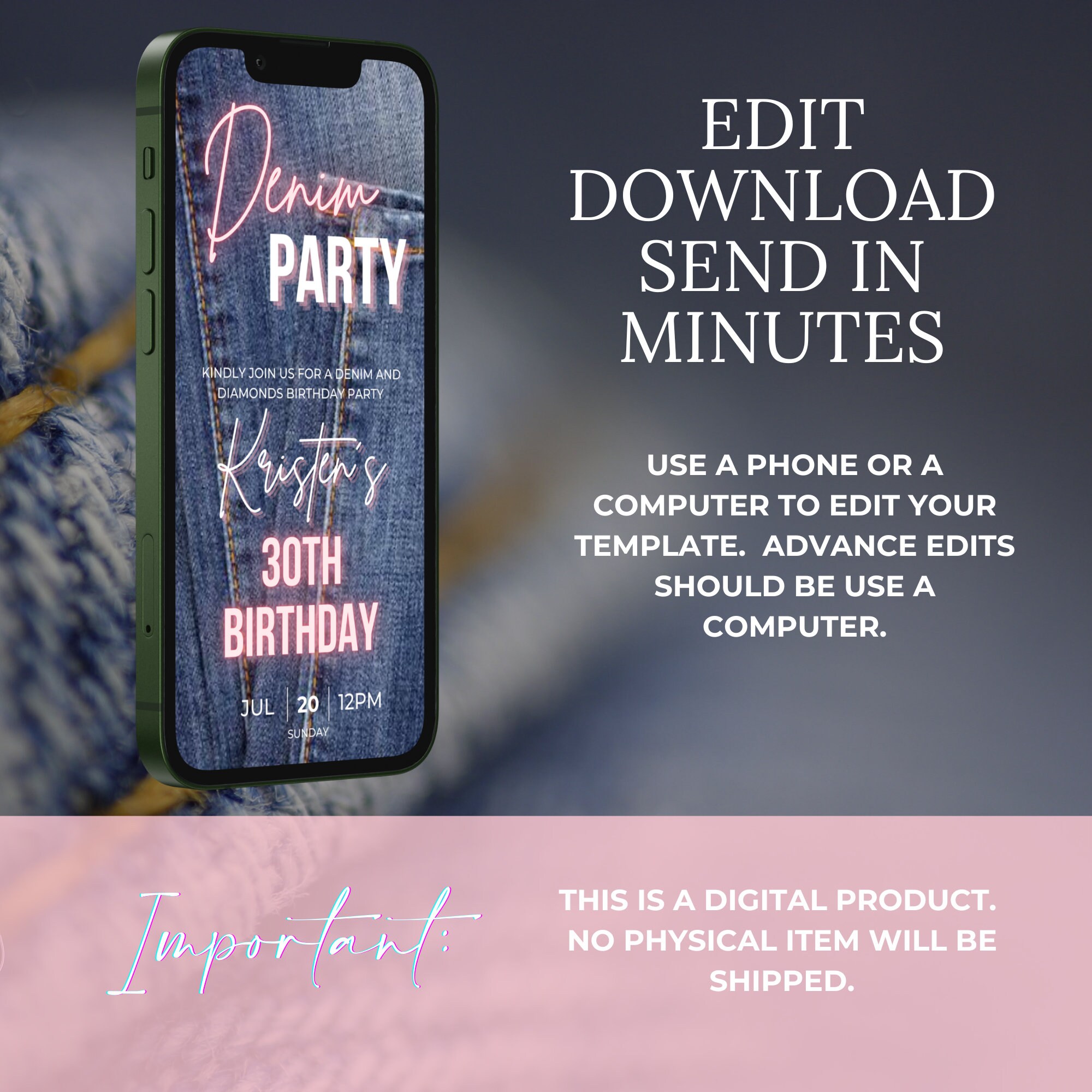 Digital Denim Birthday Party Video Invitation Template Denim Diamonds ...