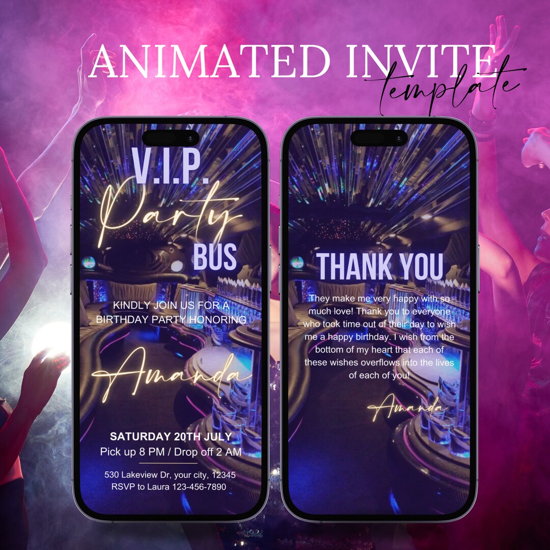Digital Party Bus Birthday Invitation, Animated Limo Party Invite, Neon ...
