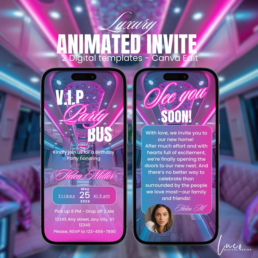 Digital Party Bus Birthday Invitation, Limo Party Invitation, Birthday ...