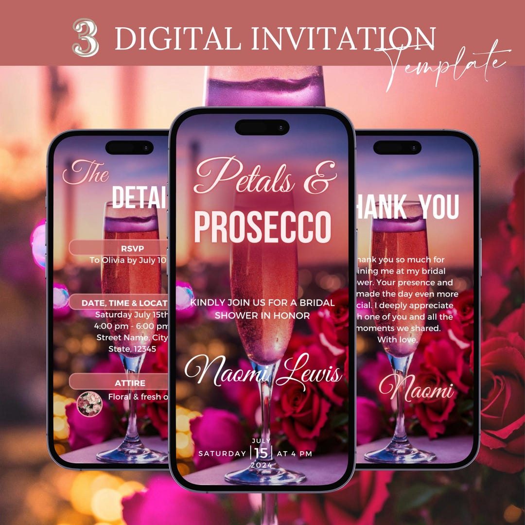 Digital Petals and Prosecco Bridal Shower Brunch Invitation, Champagne ...