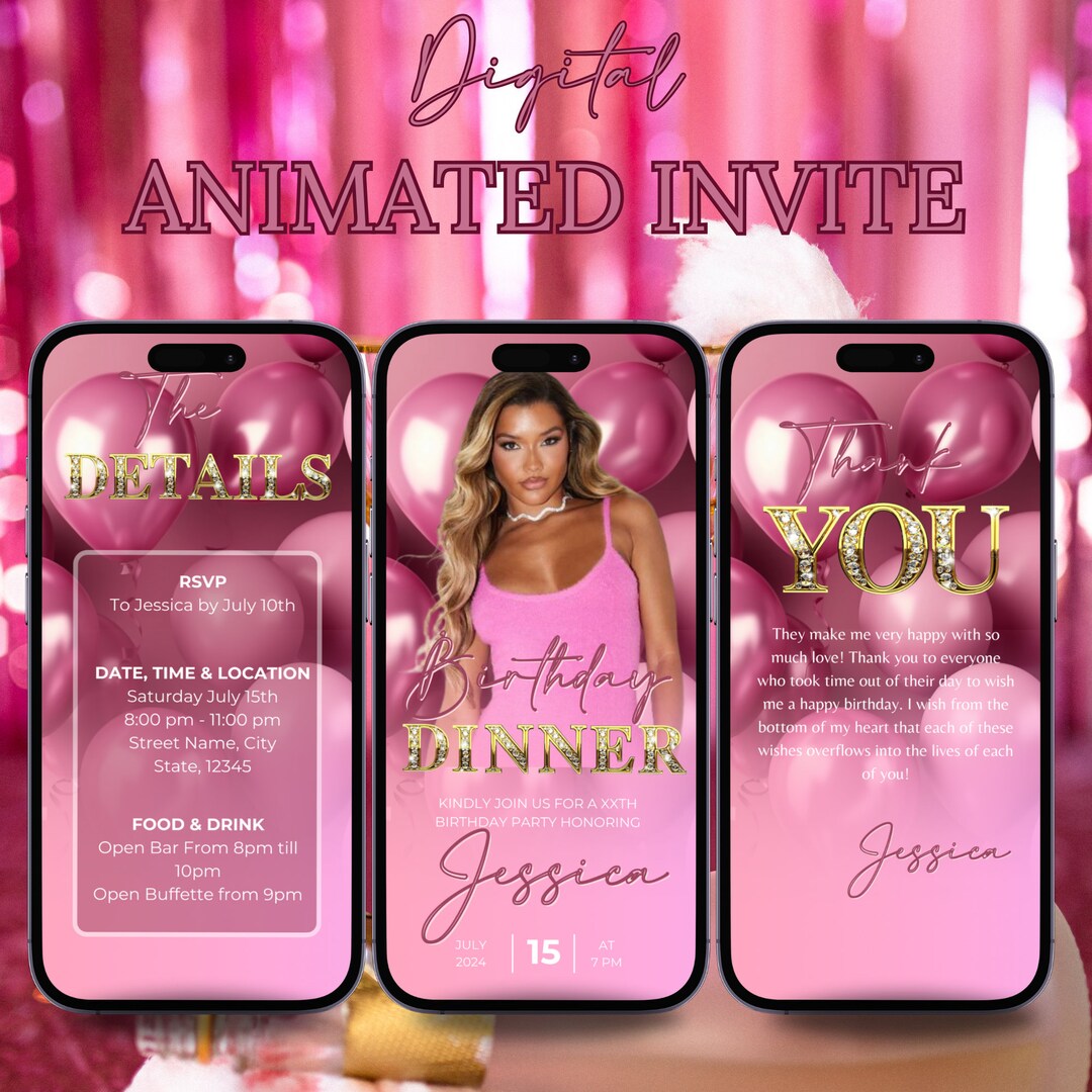 Digital Birthday Dinner Invitation, Animated Ladies Night Pink Party ...