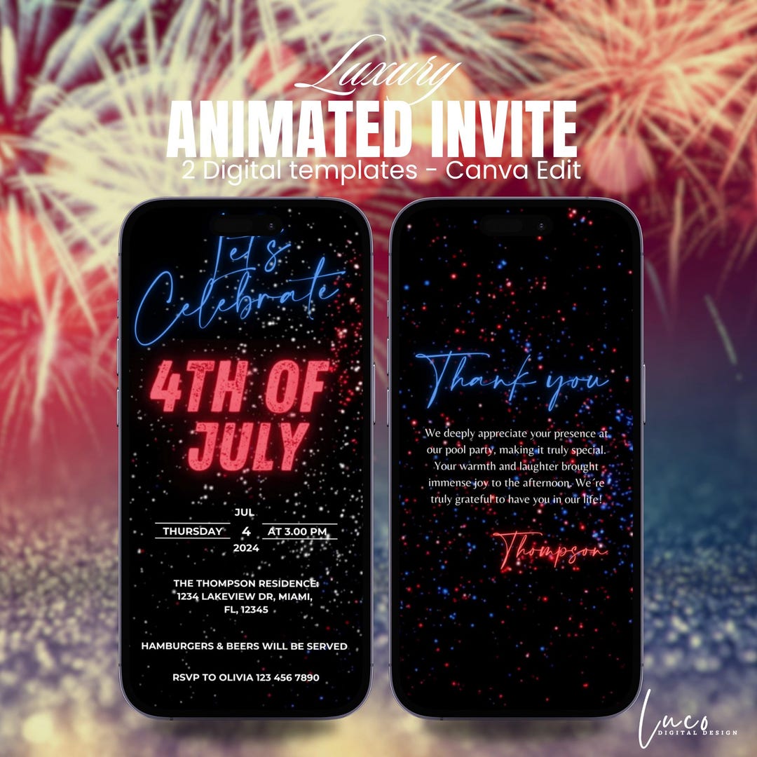 July 4th Invitation With Fireworks. Digital Independence Day Party ...