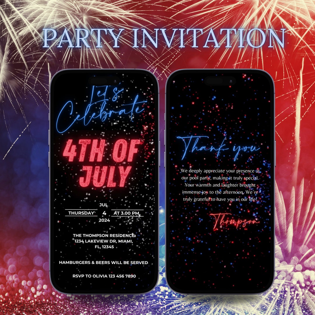 July 4th Invitation With Fireworks. Digital Independence Day Party ...