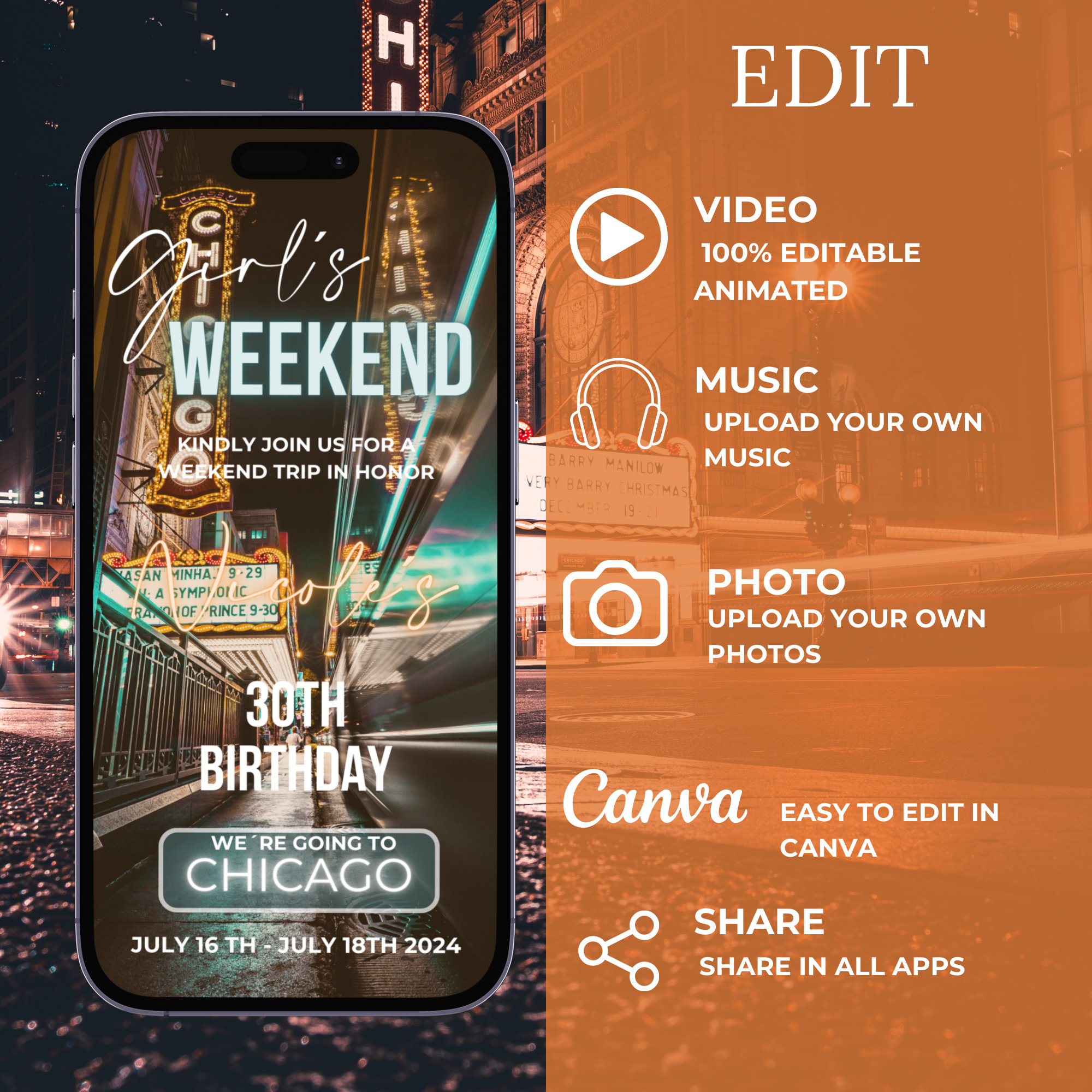 Digital Chicago Takeover Girl's Trip Itinerary Invitation, Birthday ...