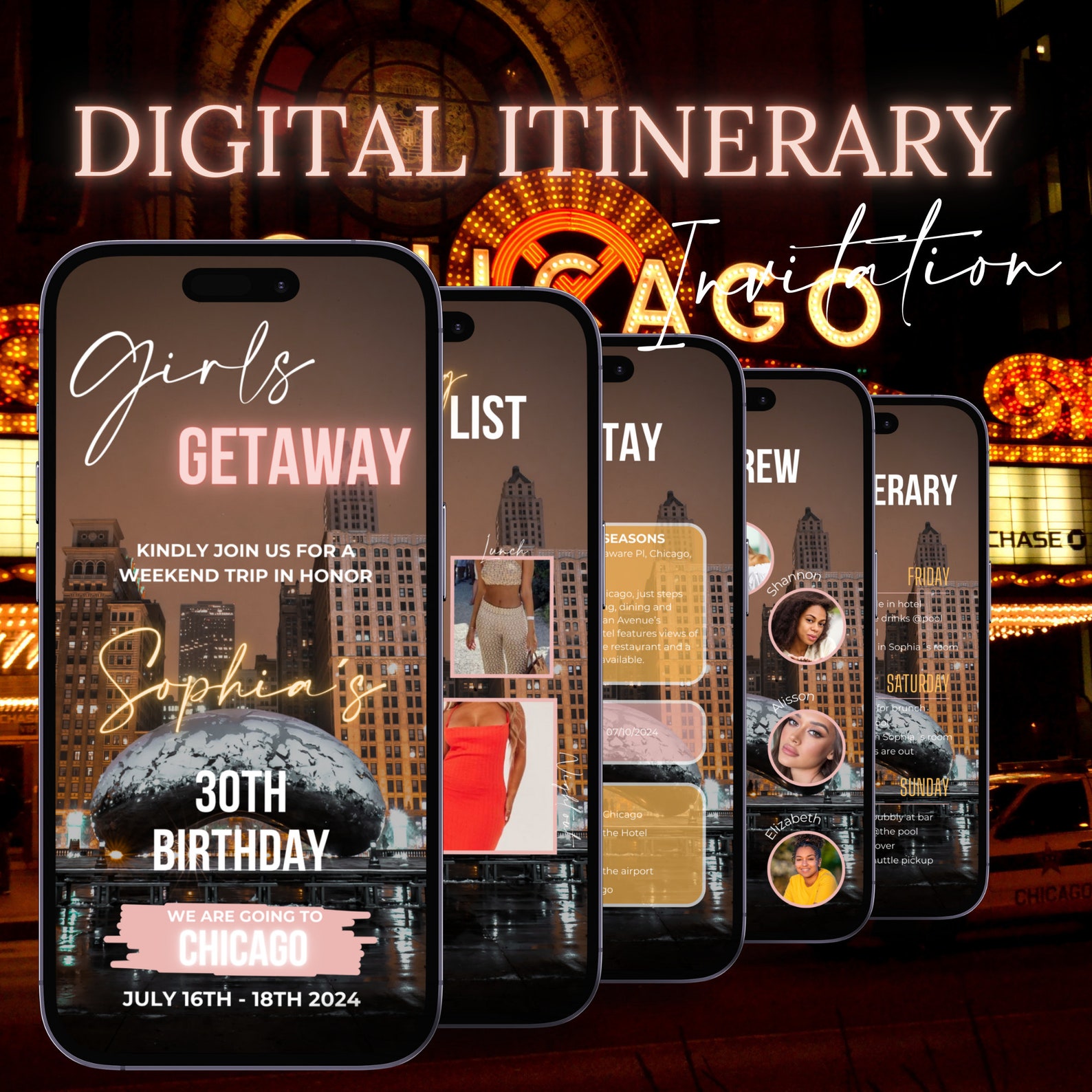 Digital Chicago Takeover Girl's Trip Itinerary Invitation, Birthday ...