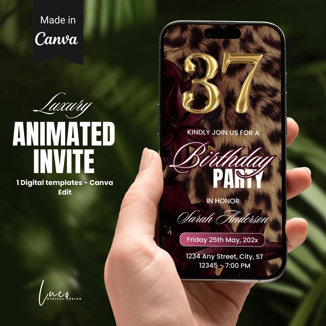 Digital Leopard 37th Birthday Party Invitation, Editable Digital Women ...